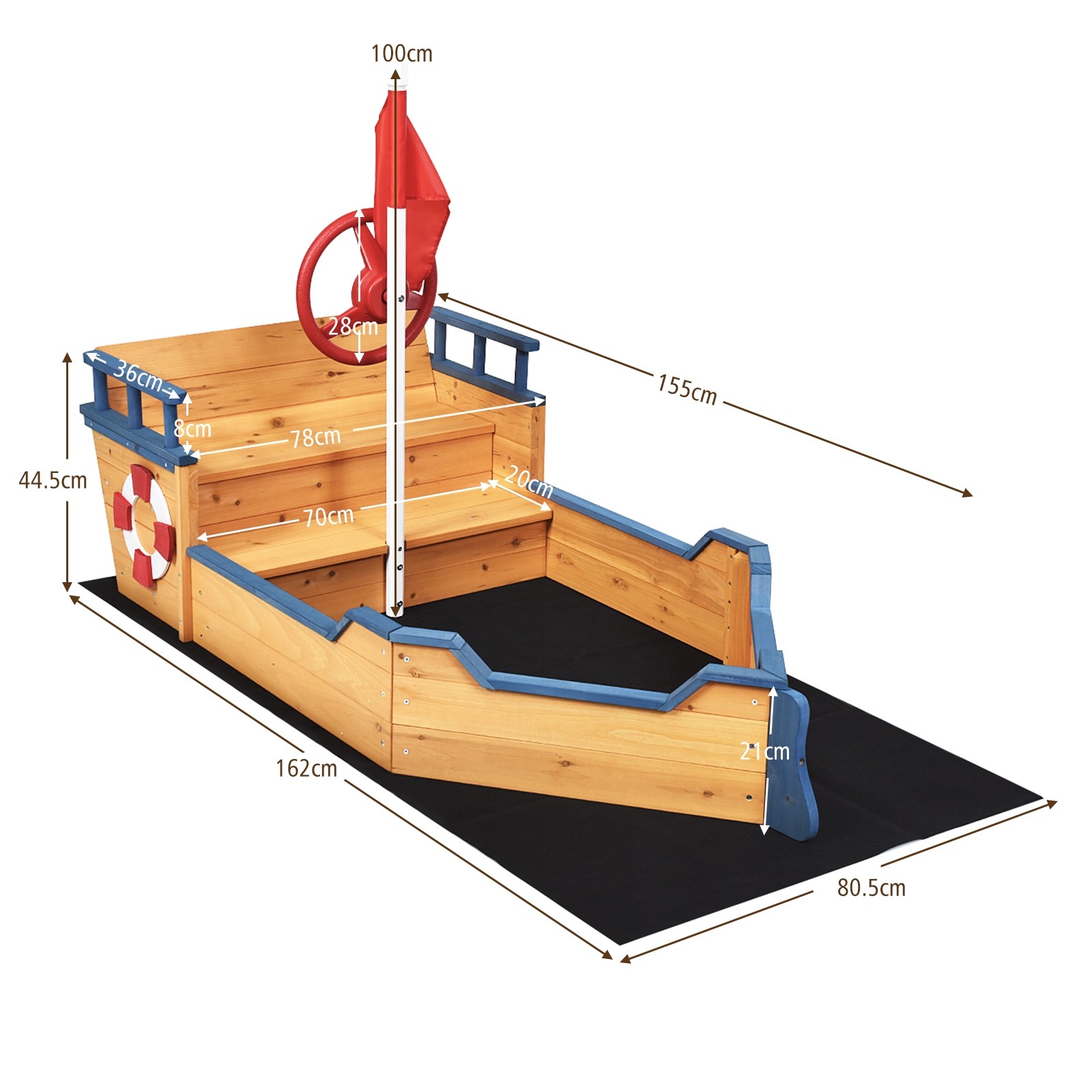 Wooden Pirate Boat Wood Sandbox for Kids - Costway