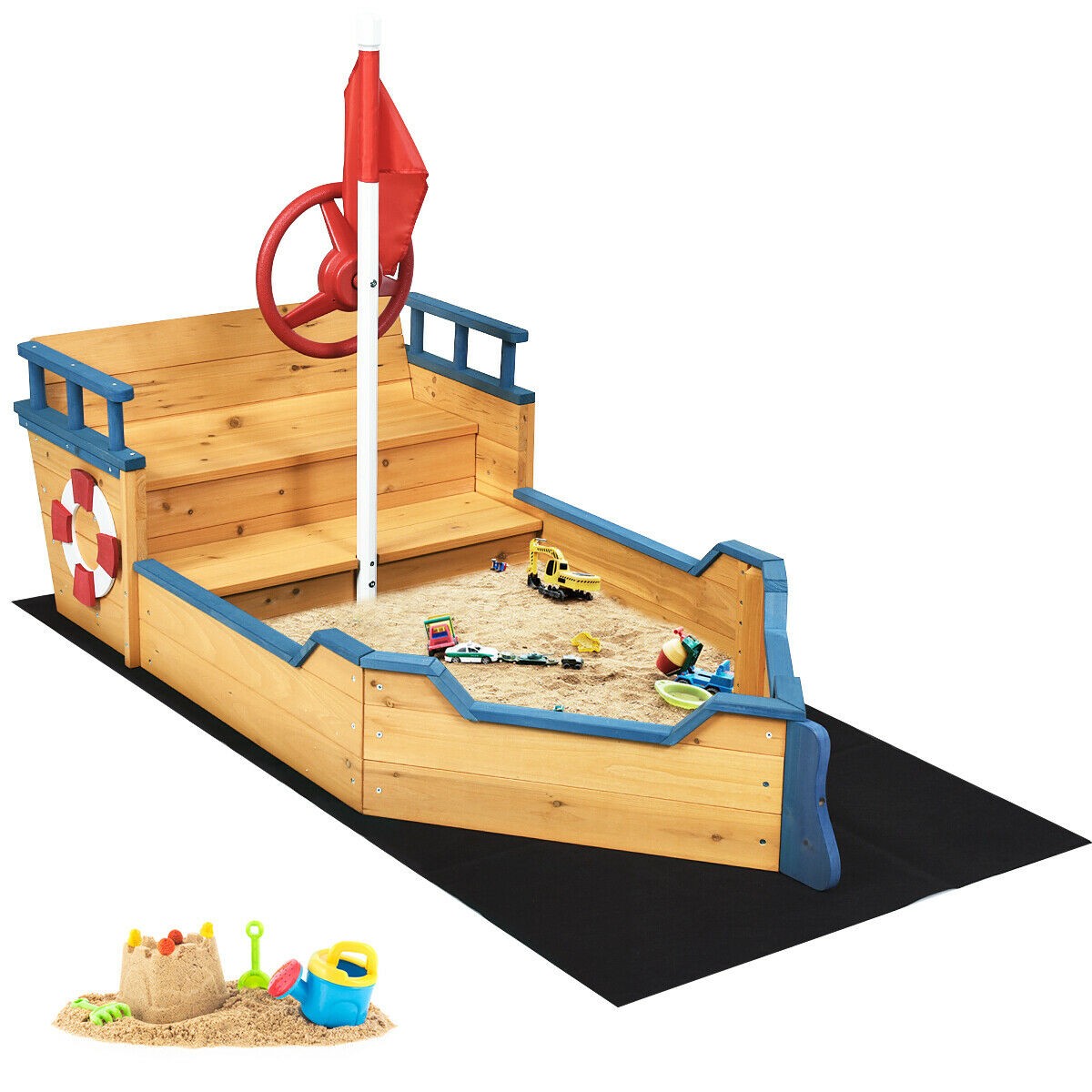 Wooden Pirate Boat Wood Sandbox for Kids - Costway