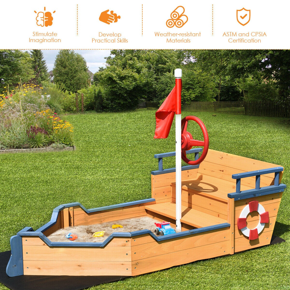 Wooden Pirate Boat Wood Sandbox for Kids - Costway