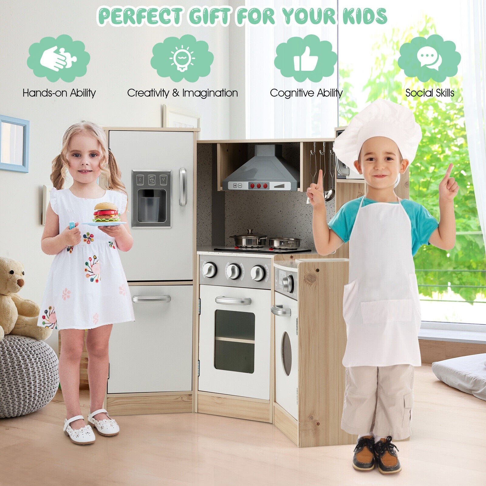 Kids Corner Wooden Kitchen Playset with Cookware Accessories - Costway